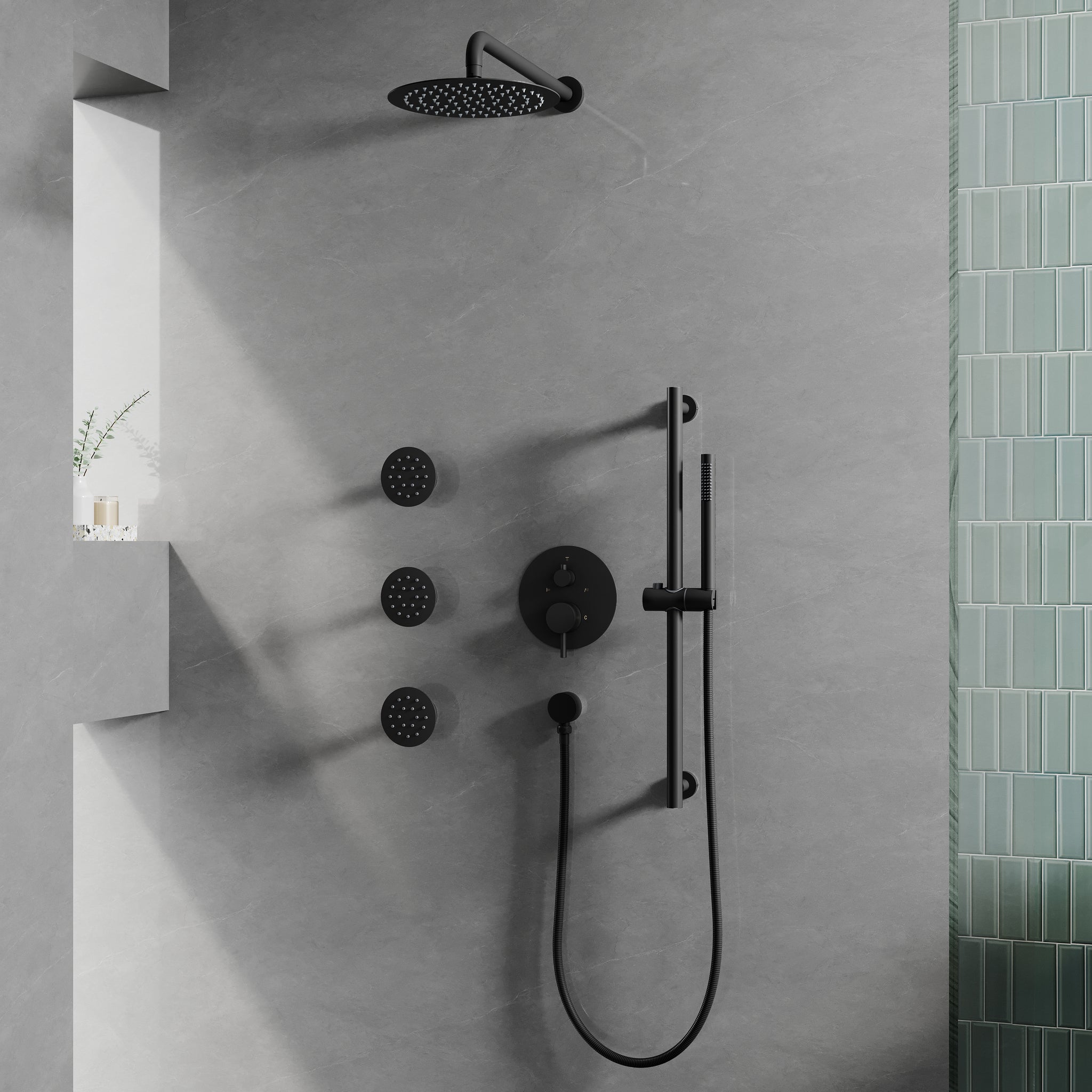 10” Round Shower Set with Sliding Bar, Body Jets & Hand Shower