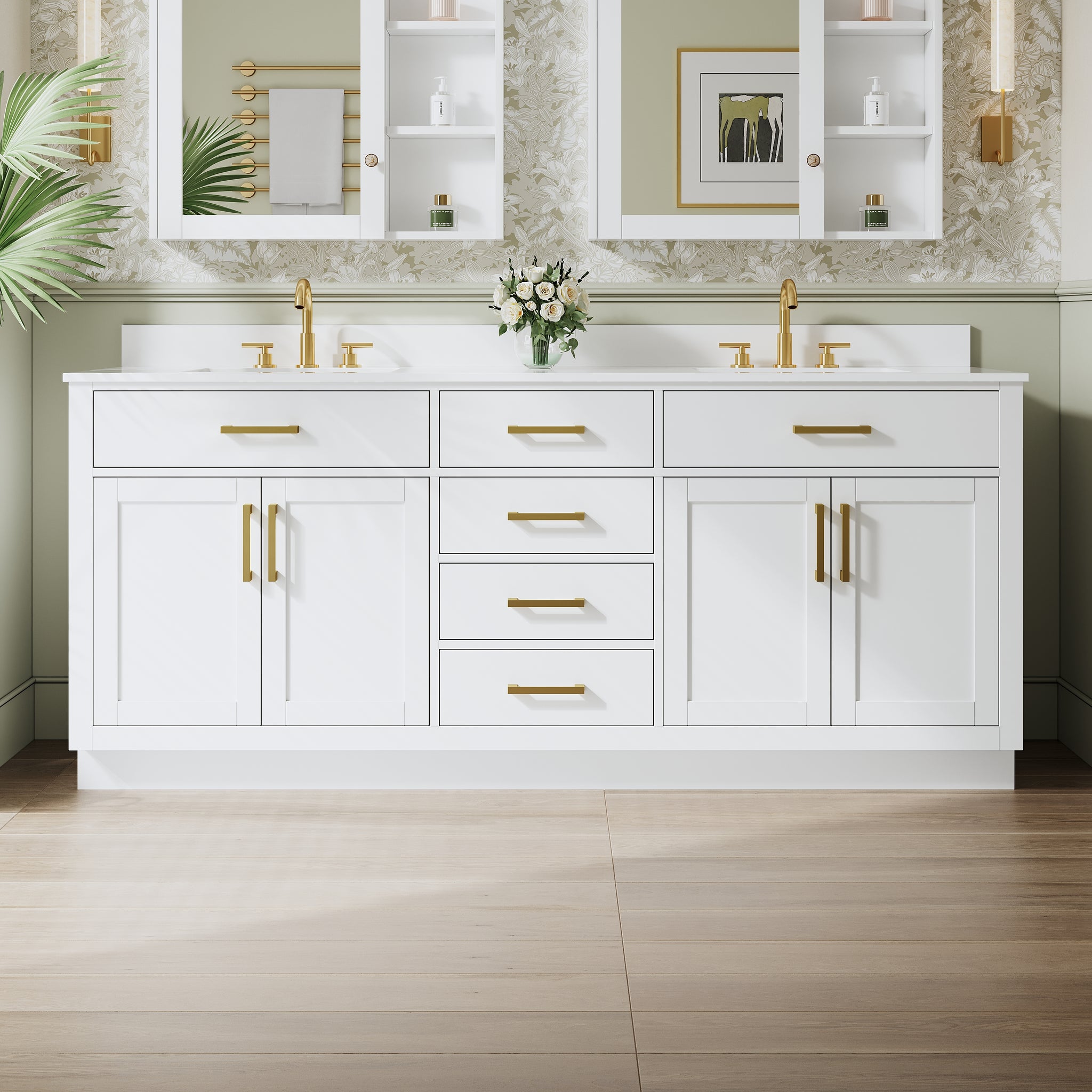 80 Inch Solid Wood Bathroom Vanity with White Cultured Marble Top, 4 S