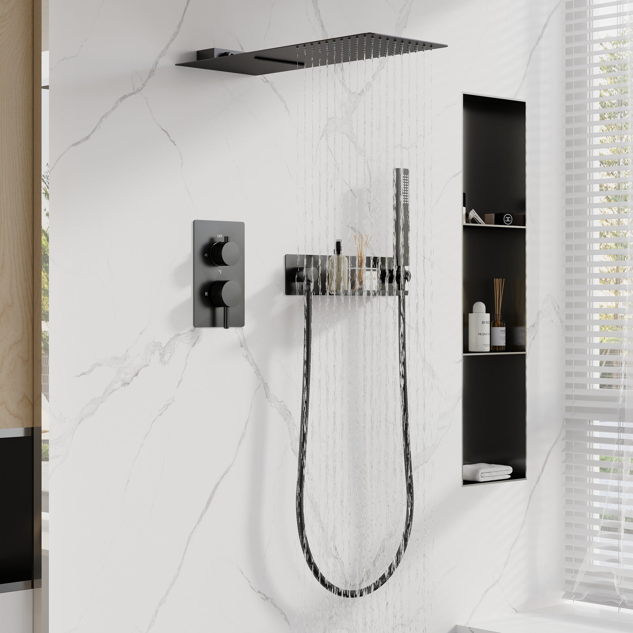 3-Function Shower System with Rainfall Shower Head, Built-in Shelf & H