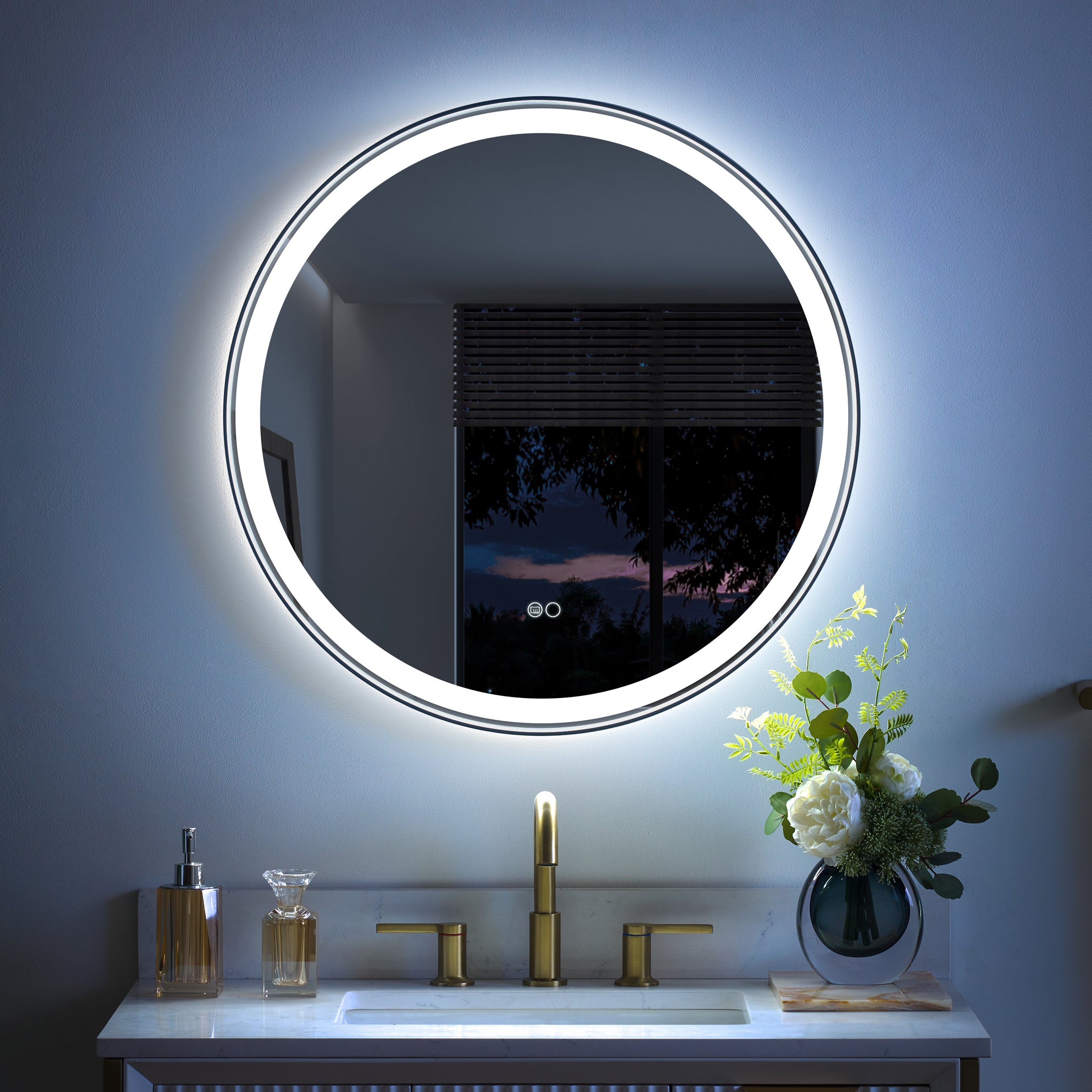 28Inch Matte Black Round LED Bathroom Mirror – Anti-Fog,Dimmable Light