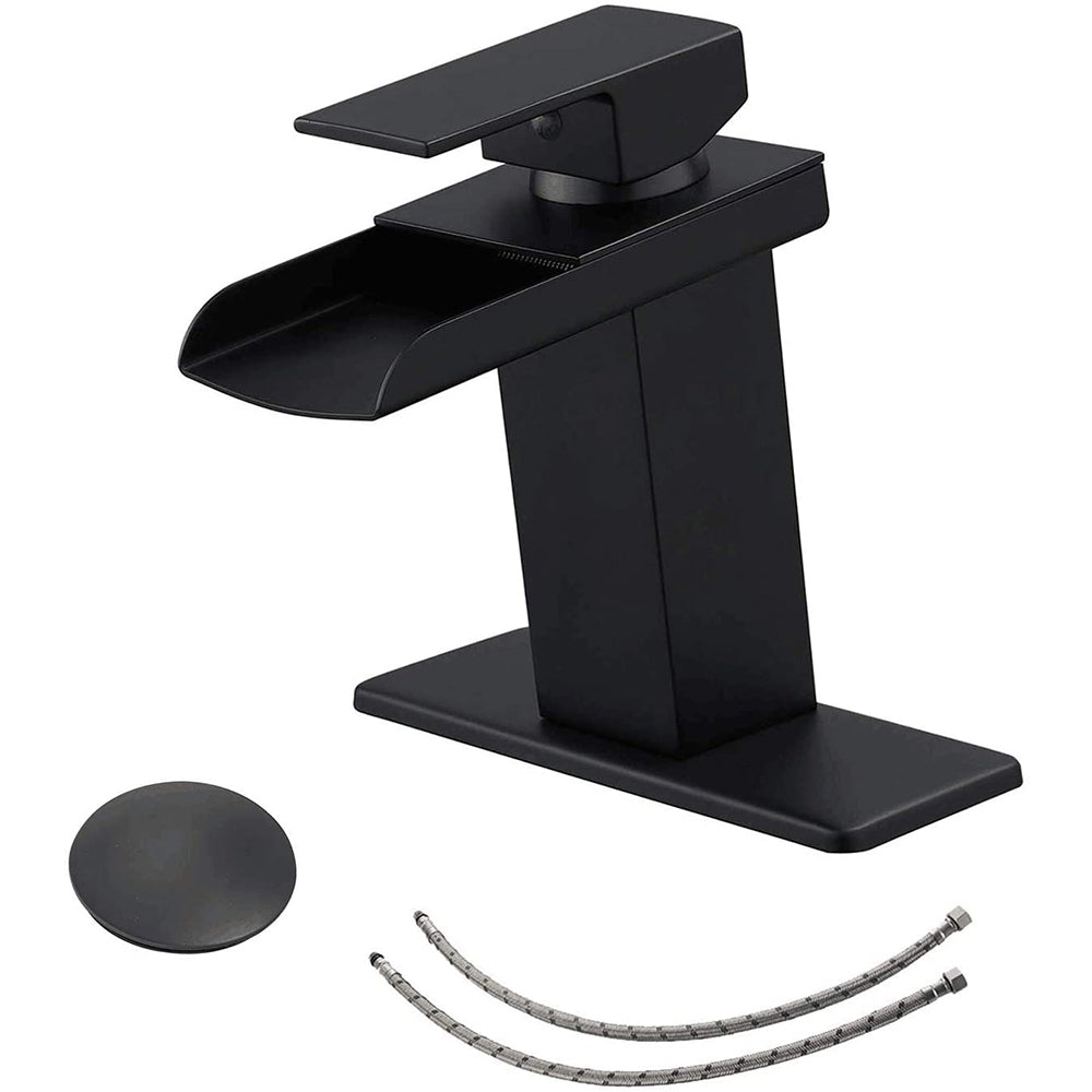 Single-Handle Waterfall Low-Arc Bathroom Faucet With Pop-up Drain Asse